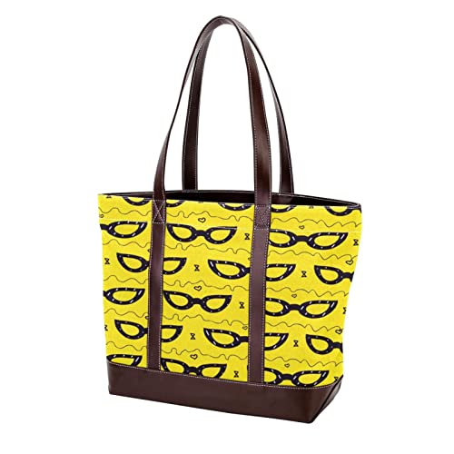 Leather Canvas Tote Shoulder Bag Yellow Cat Eye Glasses Pattern