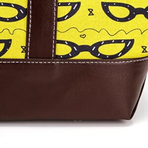 Leather Canvas Tote Shoulder Bag Yellow Cat Eye Glasses Pattern