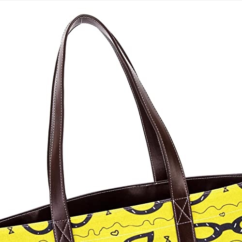 Leather Canvas Tote Shoulder Bag Yellow Cat Eye Glasses Pattern