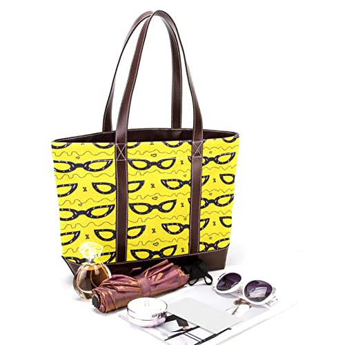 Leather Canvas Tote Shoulder Bag Yellow Cat Eye Glasses Pattern