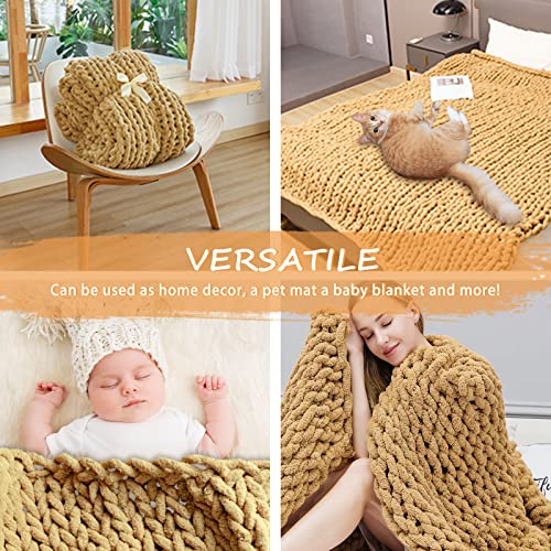 Chunky Knit Blanket, Super Luxurious - Soft and Comfortable Chunky Knit Blanket Throw, Cable Knit Throw Blanket for Sofa, Bed, Chair, Machine Washable Big Blanket (Orange Yellow, 40×79inches)