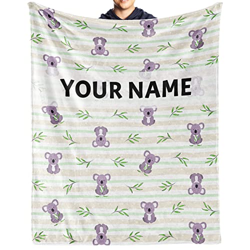 Personalized Cute Koala Blanket with Text Name for Bed Couch, Soft Flannel Fleece Throw Blanket for Girls, Women, Men, Kids, Koala Lovers Gifts Lightweight, Comfortable, Warm (30"x40")