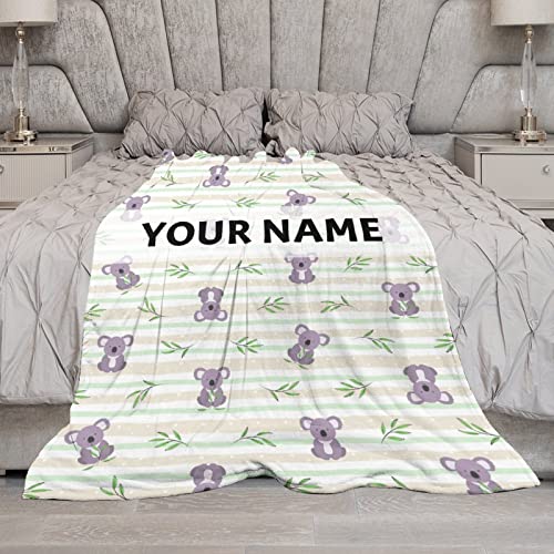 Personalized Cute Koala Blanket with Text Name for Bed Couch, Soft Flannel Fleece Throw Blanket for Girls, Women, Men, Kids, Koala Lovers Gifts Lightweight, Comfortable, Warm (30"x40")