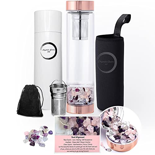 Crystals Galore 4U Soul Alignment Crystal Water Bottle with Tea Infuser, Sleeve, Crystal Meaning Card, Loose Gem Stones, Great Healing Gifts for Women