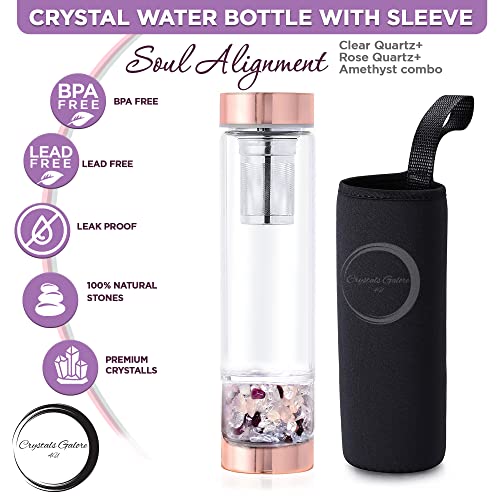 Crystals Galore 4U Soul Alignment Crystal Water Bottle with Tea Infuser, Sleeve, Crystal Meaning Card, Loose Gem Stones, Great Healing Gifts for Women