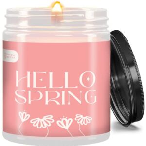 hello spring candles – spring decor candle, spring decorations for home, easter decorations for the home, easter decor plumeria bliss scented candles, spring time candle gifts for women, spring gifts