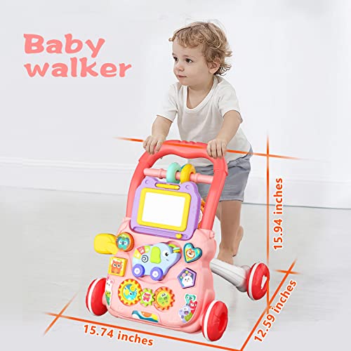 Sit-to-Stand Learning Walker, 2 in 1 Baby Walker with Drawing Board, Early Educational Activity Center, Multifunctional Removable Play Panel, Baby Music Learning Toy Gift for Infant Boys Girls