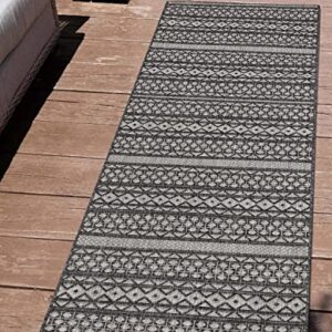 Well Woven Indoor/Outdoor Runner Rug 2'7" x 9'10" Arwen Black & Grey Moroccan Tribal Striped