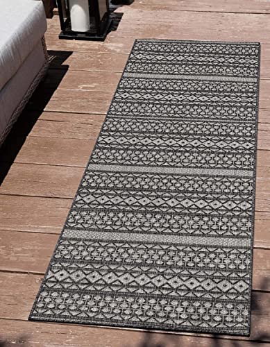 Well Woven Indoor/Outdoor Runner Rug 2'7" x 9'10" Arwen Black & Grey Moroccan Tribal Striped