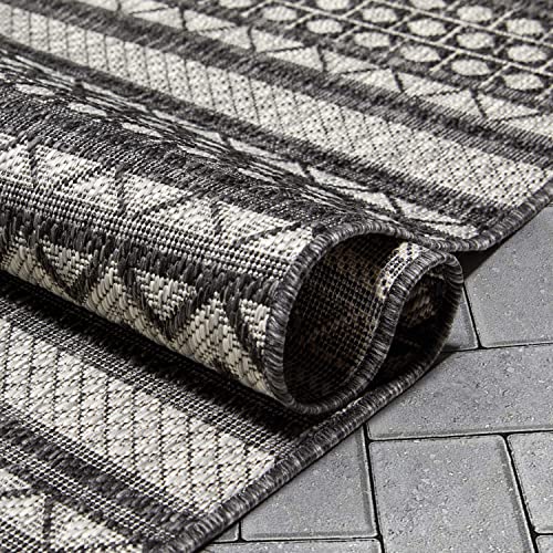 Well Woven Indoor/Outdoor Runner Rug 2'7" x 9'10" Arwen Black & Grey Moroccan Tribal Striped