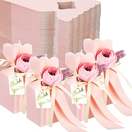 TaoBary 50 Pcs Bridal Shower Party Favor Boxes DIY Wedding Favors Candy Boxes with Ribbon and Flower Flower Party Favor Boxes for Engagement, Bridal Shower Party, Wedding Decorations (Pink)