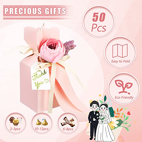 TaoBary 50 Pcs Bridal Shower Party Favor Boxes DIY Wedding Favors Candy Boxes with Ribbon and Flower Flower Party Favor Boxes for Engagement, Bridal Shower Party, Wedding Decorations (Pink)