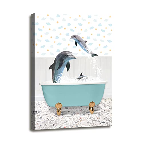 SHZCJL Funny Bathroom Wall Art,Dolphins in Bathtub Wall Art,Adorable Dolphin Bathroom Canvas Print Artwork,for Kids Bathroom Wall Decor(12'' x 16'')