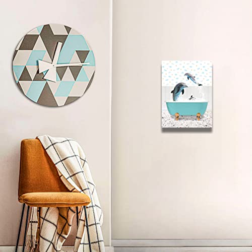 SHZCJL Funny Bathroom Wall Art,Dolphins in Bathtub Wall Art,Adorable Dolphin Bathroom Canvas Print Artwork,for Kids Bathroom Wall Decor(12'' x 16'')