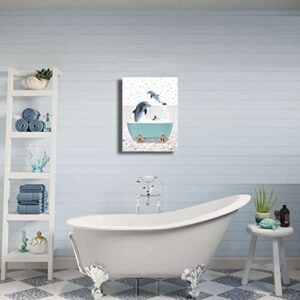 SHZCJL Funny Bathroom Wall Art,Dolphins in Bathtub Wall Art,Adorable Dolphin Bathroom Canvas Print Artwork,for Kids Bathroom Wall Decor(12'' x 16'')