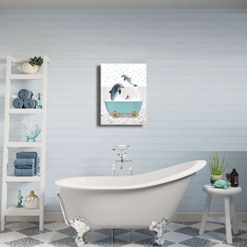 SHZCJL Funny Bathroom Wall Art,Dolphins in Bathtub Wall Art,Adorable Dolphin Bathroom Canvas Print Artwork,for Kids Bathroom Wall Decor(12'' x 16'')