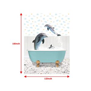 SHZCJL Funny Bathroom Wall Art,Dolphins in Bathtub Wall Art,Adorable Dolphin Bathroom Canvas Print Artwork,for Kids Bathroom Wall Decor(12'' x 16'')