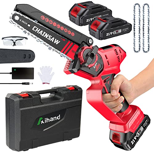 Mini Chainsaw Cordless 6 inch,Aihand Handheld Electric Chain Saw,Battery Powered Chainsaw,Tool-free Tension Adjustment Small Portable Hand Held Chainsaw with Safety Lock for Tree Trimming Wood Cutting