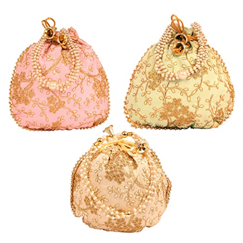 Touchstone NEW Indian Hand Embroidered Floral Shopping Gifts Jewelry Wedding Sweet Distribution Faux Pearls Strings Drawstring Pista Cream Pink Fancy Bag Purse Pouch Set Of 3 For Women.