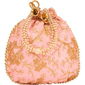 Touchstone NEW Indian Hand Embroidered Floral Shopping Gifts Jewelry Wedding Sweet Distribution Faux Pearls Strings Drawstring Pista Cream Pink Fancy Bag Purse Pouch Set Of 3 For Women.