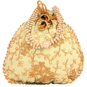 Touchstone NEW Indian Hand Embroidered Floral Shopping Gifts Jewelry Wedding Sweet Distribution Faux Pearls Strings Drawstring Pista Cream Pink Fancy Bag Purse Pouch Set Of 3 For Women.