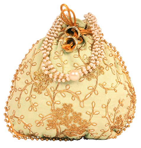 Touchstone NEW Indian Hand Embroidered Floral Shopping Gifts Jewelry Wedding Sweet Distribution Faux Pearls Strings Drawstring Pista Cream Pink Fancy Bag Purse Pouch Set Of 3 For Women.