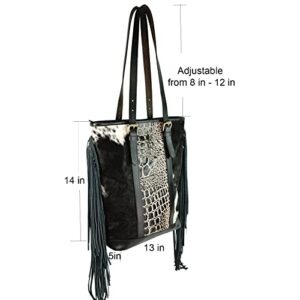 Bonanza leathers cowhide leather large tote bag women's handbag with fringes and zipper closure H20 (Black)