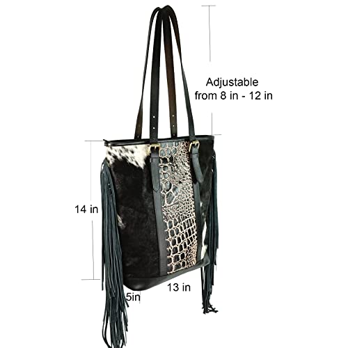 Bonanza leathers cowhide leather large tote bag women's handbag with fringes and zipper closure H20 (Black)