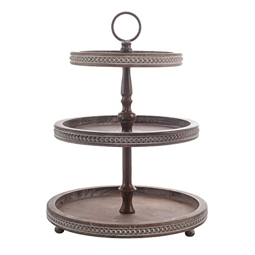 FESTWIND 3 Tiered Tray, Wood Tiered Tray for Kitchen Dinning Table Entryway Coffee Table, Small Beaded Tiered Tray Stand for Holidays, Three Tiered Tray Distressed Brown