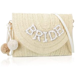 bride straw shoulder bag woven envelope wallet pearl rhinestone wedding vacation purse honeymoon bridal shower gift for bride (bride white style)