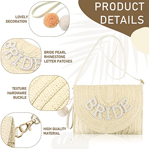 Bride Straw Shoulder Bag Woven Envelope Wallet Pearl Rhinestone Wedding Vacation Purse Honeymoon Bridal Shower Gift for Bride (Bride White Style)