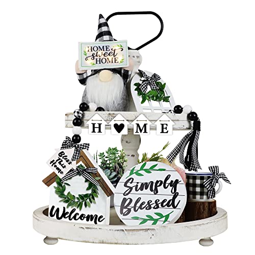 10 PCS Rustic Farmhouse Home Tiered Tray Decor, Farmhouse Wooden Table Signs Black White Buffalo Plaid Kitchen Decoration Set, Lighted Gnome Plush Home Sweet Home Decor Signs Housewarming Gifts