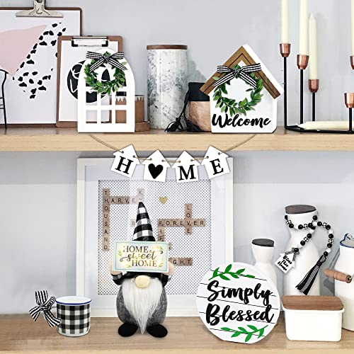 10 PCS Rustic Farmhouse Home Tiered Tray Decor, Farmhouse Wooden Table Signs Black White Buffalo Plaid Kitchen Decoration Set, Lighted Gnome Plush Home Sweet Home Decor Signs Housewarming Gifts