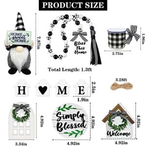 10 PCS Rustic Farmhouse Home Tiered Tray Decor, Farmhouse Wooden Table Signs Black White Buffalo Plaid Kitchen Decoration Set, Lighted Gnome Plush Home Sweet Home Decor Signs Housewarming Gifts