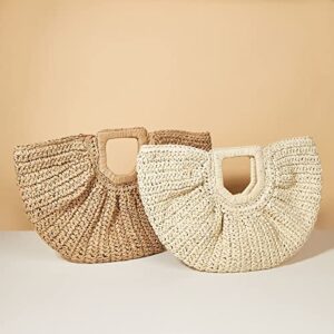 Bandkos Straw Beach Bag for Women Summer Hand-woven Travel Tote Handbag Purse Handmade Straw Woven Top-handle Rattan Clutch Bag, Beige