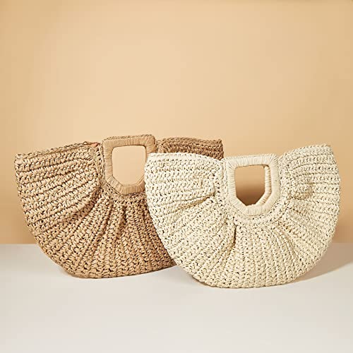 Bandkos Straw Beach Bag for Women Summer Hand-woven Travel Tote Handbag Purse Handmade Straw Woven Top-handle Rattan Clutch Bag, Beige