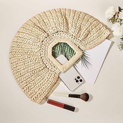 Bandkos Straw Beach Bag for Women Summer Hand-woven Travel Tote Handbag Purse Handmade Straw Woven Top-handle Rattan Clutch Bag, Beige