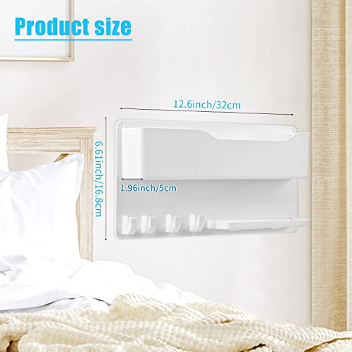 SZWQILIN Bedside Shelf Accessories Organizer - Wall-Mounted Bedside Shelf Multifunctional Self-Adhesive Organizer Box with Hooks Easily Install and Use Suitable for Family, Dorm,Office (White)