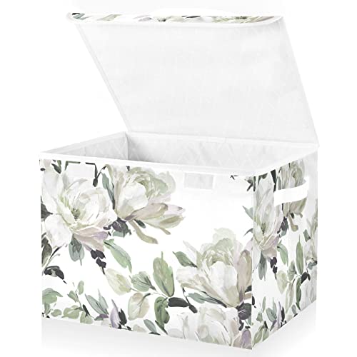 Laundry Storage Box Cube Storage Bin for Towel White Green Flower Clothes Storage 12x12x16