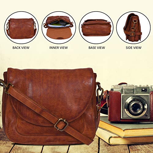 Vintage Look Genuine Leather Shoulder Crossbody Purse Crossover Bag for Women (Tan Wash)