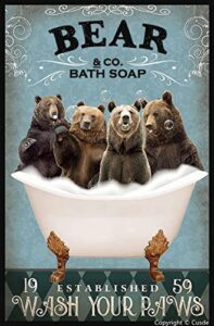 funny bear decor wash your paws vintage bathroom and bathtub metal tin sign wall decor bear pet lovers gift home bathroom farm wall art poster sign accessories 8×12 inch