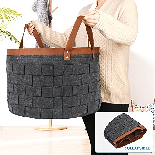 DAKCOS 65L Felt Storage basket Felt Woven Basket 19.6"x19.6"x13" Round Basket with Felt Carry Handles for Toys,Towels,Clothes,Firewood etc.