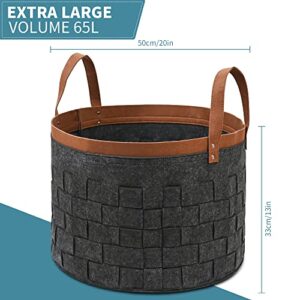 DAKCOS 65L Felt Storage basket Felt Woven Basket 19.6"x19.6"x13" Round Basket with Felt Carry Handles for Toys,Towels,Clothes,Firewood etc.