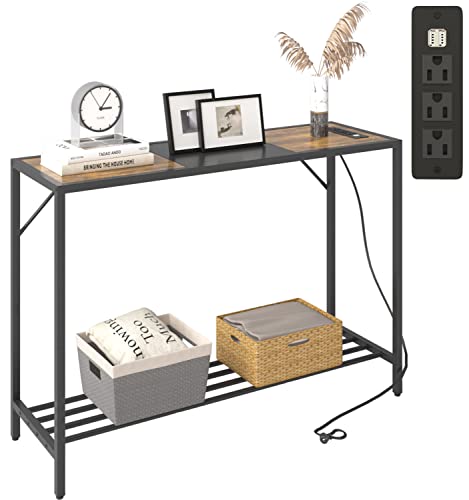 Console Table With Power Outlets and USB Ports, 41.7" Industrial Entryway Table with Shelf , Narrow Sofa Table for Hallway, Corridor, Foyer, Living Room, Wood Look Metal Frame - Rustic Brown and Black