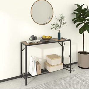 Console Table With Power Outlets and USB Ports, 41.7" Industrial Entryway Table with Shelf , Narrow Sofa Table for Hallway, Corridor, Foyer, Living Room, Wood Look Metal Frame - Rustic Brown and Black