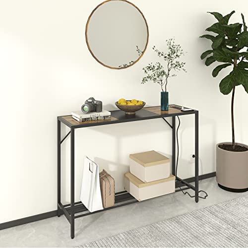 Console Table With Power Outlets and USB Ports, 41.7" Industrial Entryway Table with Shelf , Narrow Sofa Table for Hallway, Corridor, Foyer, Living Room, Wood Look Metal Frame - Rustic Brown and Black