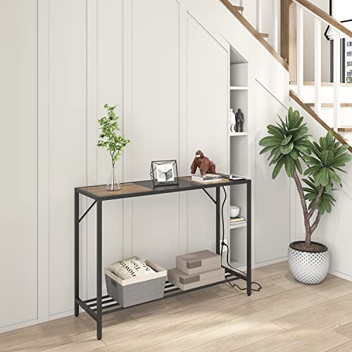 Console Table With Power Outlets and USB Ports, 41.7" Industrial Entryway Table with Shelf , Narrow Sofa Table for Hallway, Corridor, Foyer, Living Room, Wood Look Metal Frame - Rustic Brown and Black