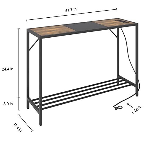 Console Table With Power Outlets and USB Ports, 41.7" Industrial Entryway Table with Shelf , Narrow Sofa Table for Hallway, Corridor, Foyer, Living Room, Wood Look Metal Frame - Rustic Brown and Black