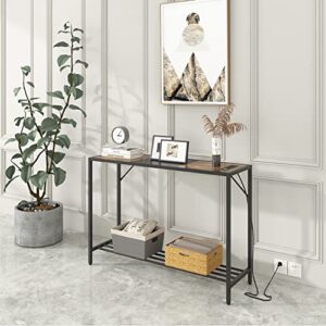 Console Table With Power Outlets and USB Ports, 41.7" Industrial Entryway Table with Shelf , Narrow Sofa Table for Hallway, Corridor, Foyer, Living Room, Wood Look Metal Frame - Rustic Brown and Black