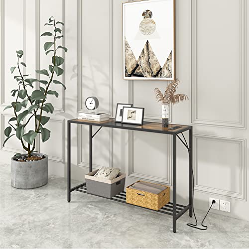 Console Table With Power Outlets and USB Ports, 41.7" Industrial Entryway Table with Shelf , Narrow Sofa Table for Hallway, Corridor, Foyer, Living Room, Wood Look Metal Frame - Rustic Brown and Black